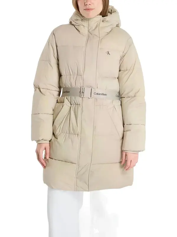 Calvin Klein Belted Hooded Coat - Neutrals