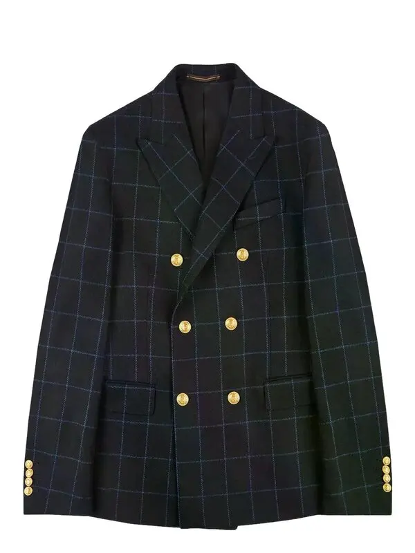 Incotex Double-breasted Checked Wool Jacket - Blue