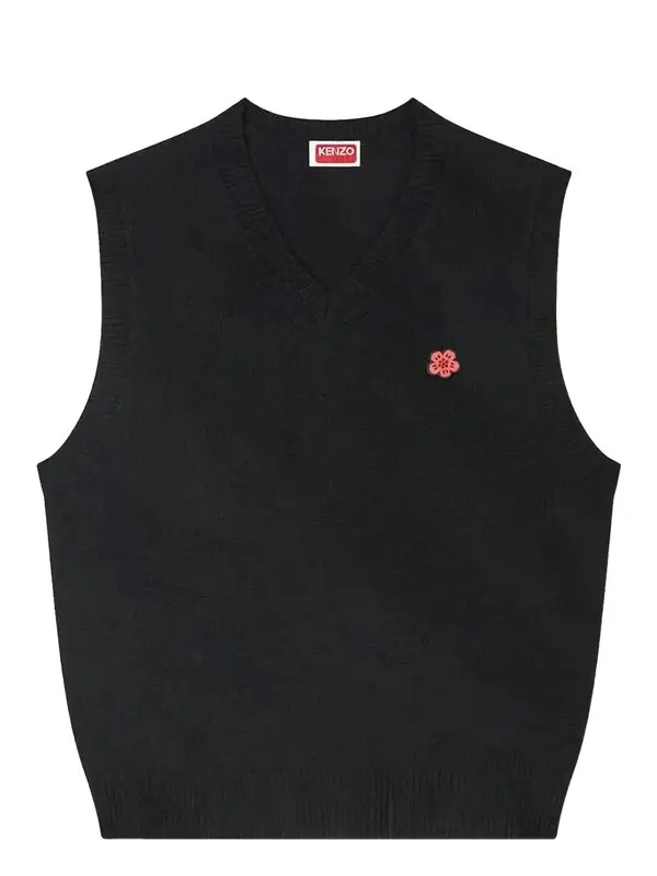 Kenzo Embroidered-flower Sleeveless Wool Vest - Black