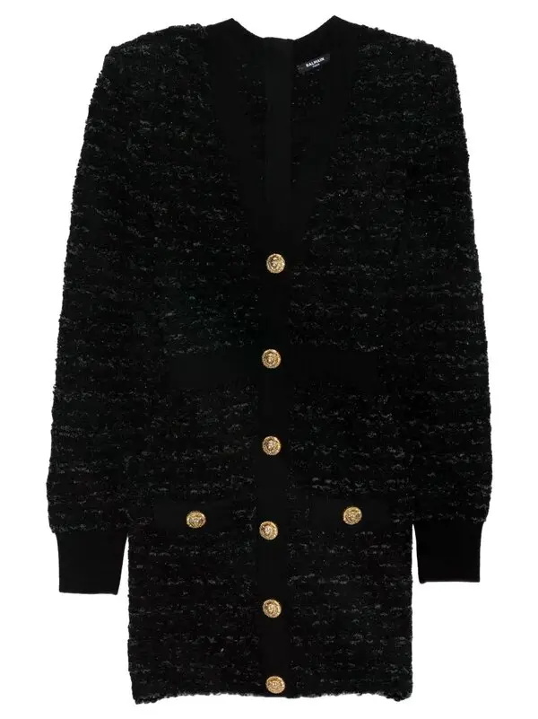 Balmain Pockets Button Knit Tweed Dress - Black