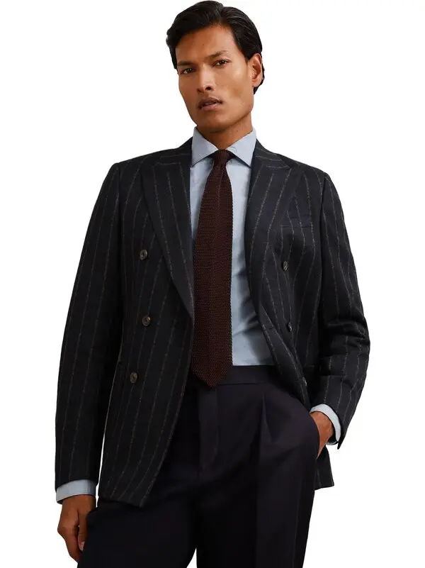 REISS Wilstead Double-breasted Chalk-stripe Blazer - Navy