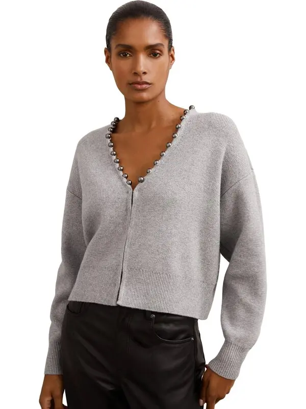 REISS Wool-blend Cardigan With Cashmere And Beaded Trim - Grey