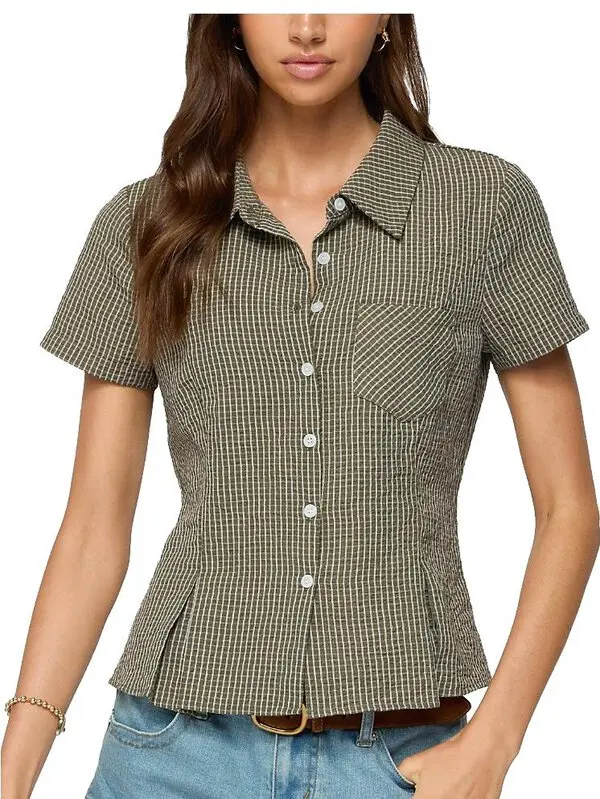 EDIKTED Plaid Button-up Shirt - Olive