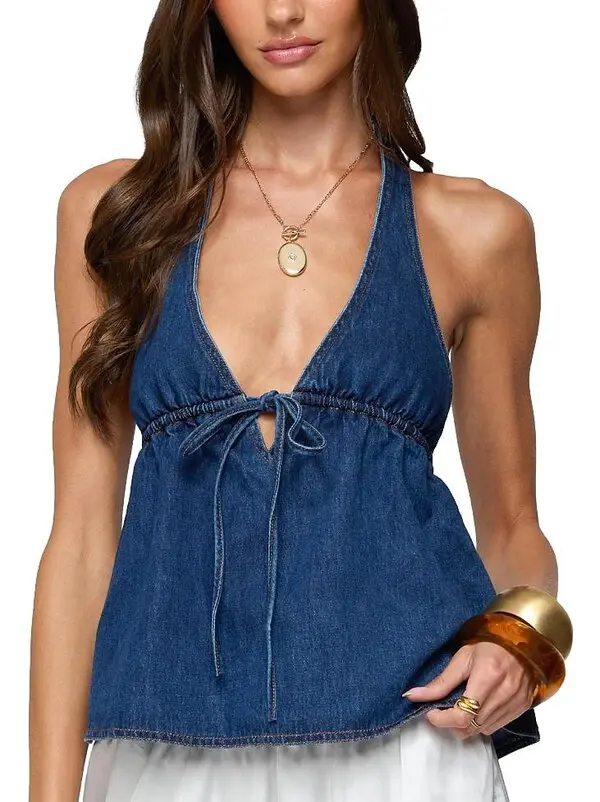 EDIKTED Safia Denim Halter Top - Blue