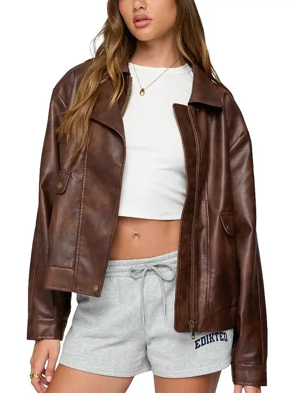 EDIKTED Oversized Faux Leather Jacket - Brown