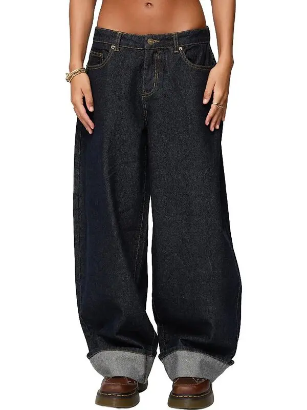 EDIKTED Kella Extra Oversized Low Rise Jeans - Indigo Blue Raw Washed