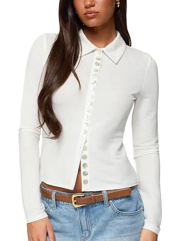 EDIKTED Pennie Iridescent Button Up Shirt - Cream