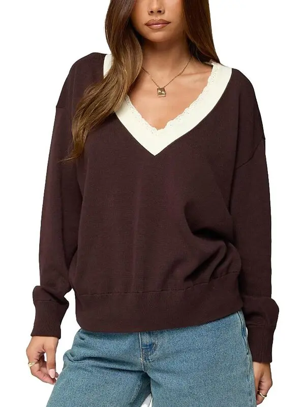 EDIKTED Marie Contrast Lacey V-neck Sweater - Brown