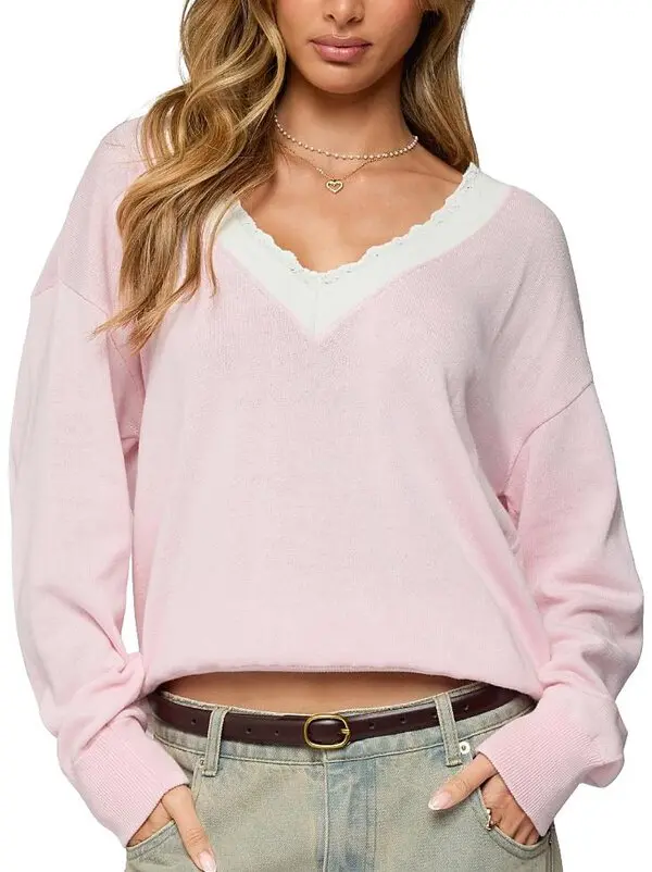 EDIKTED Marie Contrast Lacey V-neck Sweater - Light-pink