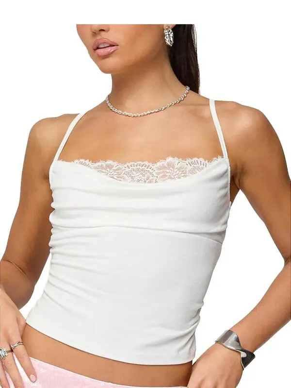 EDIKTED Bobbie Layered Lace Cowl Neck Top - White
