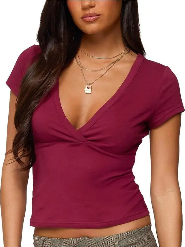 EDIKTED Merinda V Neck T-shirt - Burgundy
