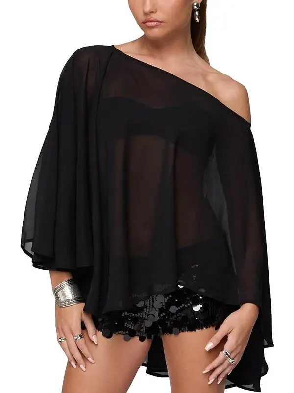 EDIKTED Sheer Chiffon Asymmetric Poncho - Black