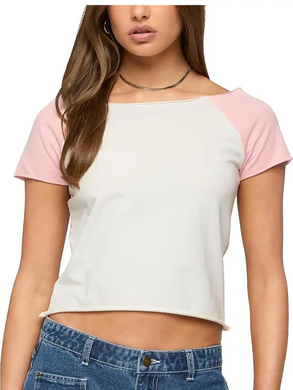 EDIKTED Liva Contrast Raglan T-shirt - White-and-pink
