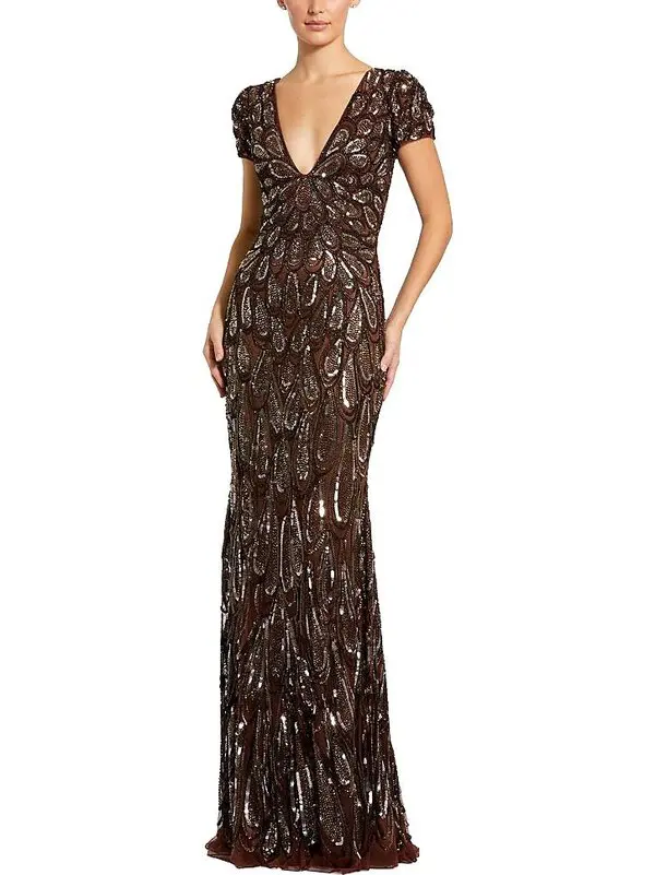 Mac Duggal Beaded Embellished V-neck Column Gown - Chocolate