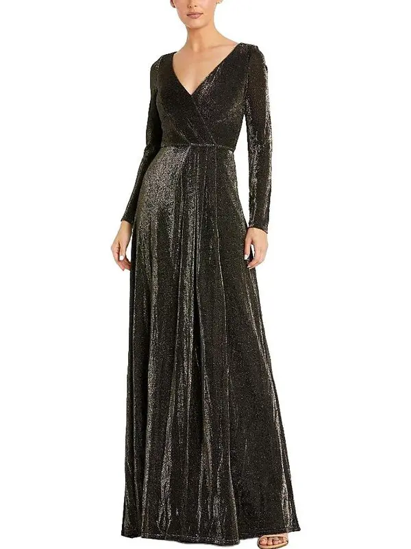 Mac Duggal Long Sleeve Faux Wrap A-line Gown - Black Gold