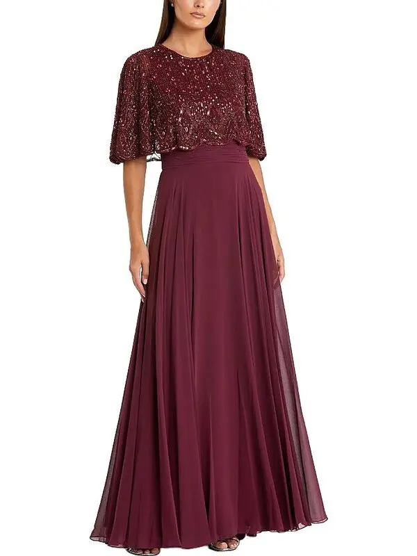 Mac Duggal Beaded Overlay A-line Gown - Aubergine
