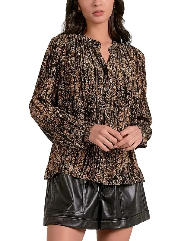 Elan Pleated Mandarin Collar Blouse - Gold