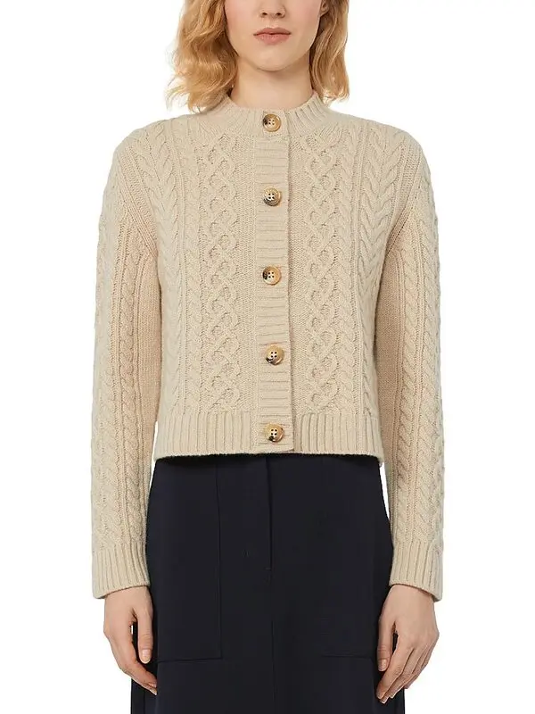 Max Mara Wool Crewneck Cable Knit Cardigan - Beige