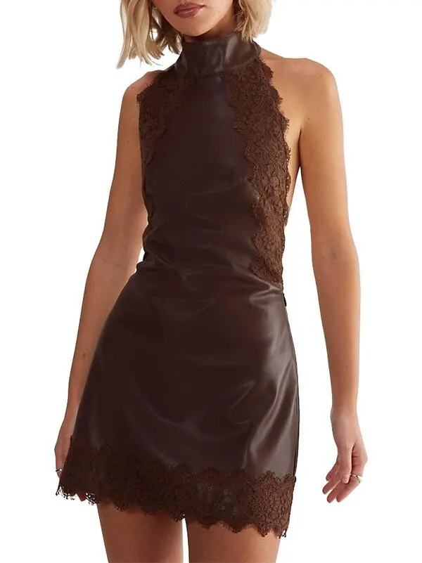 Nasty Gal Faux Leather Halter Mini Dress - Chocolate