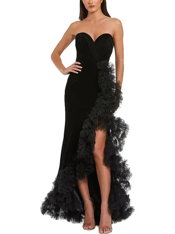 Mac Duggal Strapless Velvet Mermaid Gown With Ruffle Slit - Black