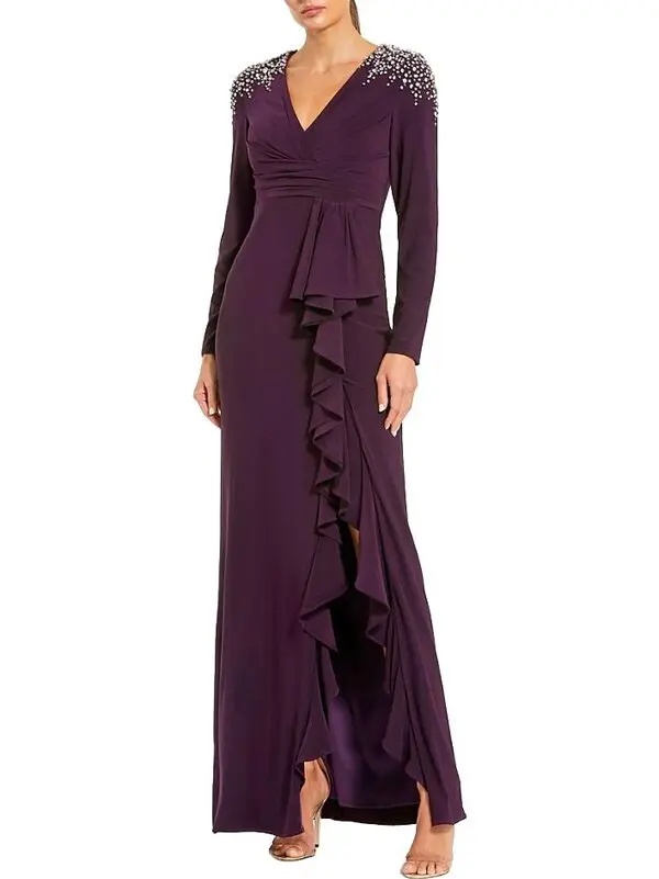 Mac Duggal Long Sleeve Gown With Rhinestone Shoulders And Ruffle Detail - Amethyst