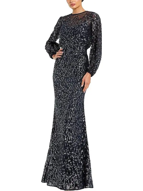 Mac Duggal Sequin Long Sleeve Blouson Evening Gown - Midnight