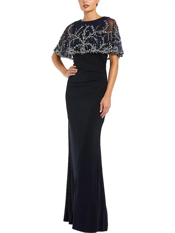 Mac Duggal Fitted Jersey Embellished Cape Gown - Midnight
