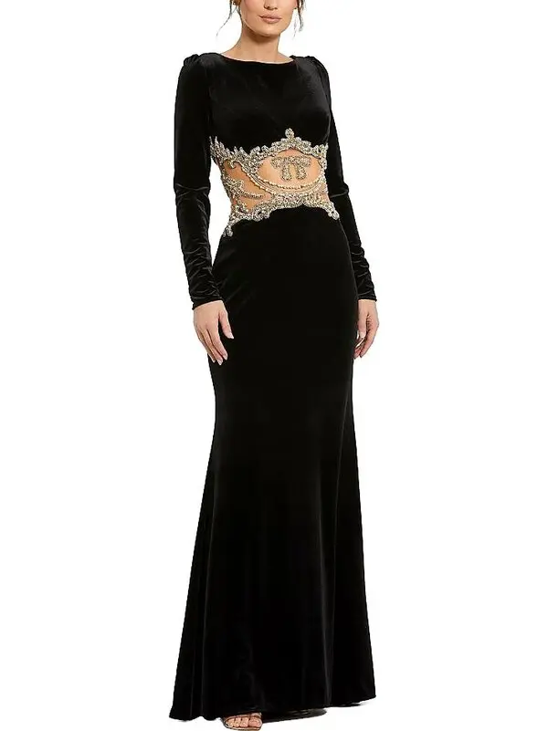 Mac Duggal Long Sleeve Sheer Embellished Velvet Gown - Black