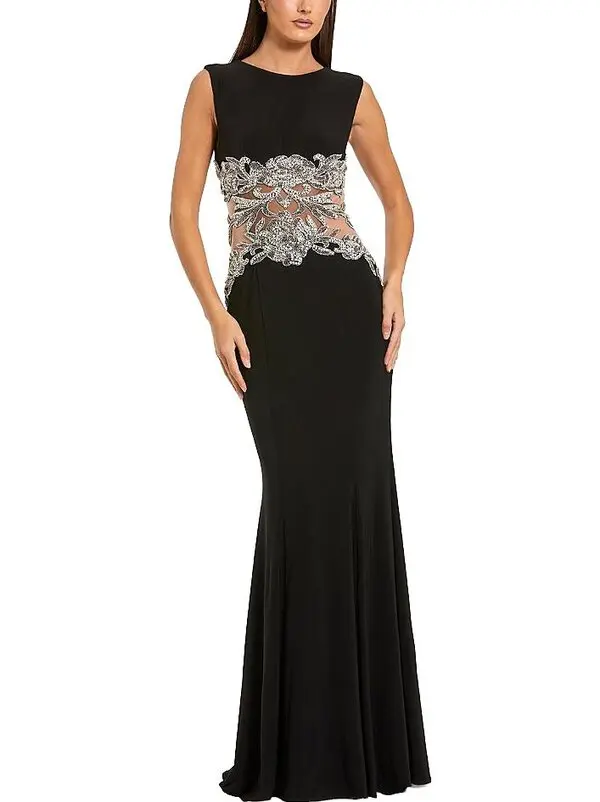 Mac Duggal Jersey Gown With Beaded Waist Detail - Black