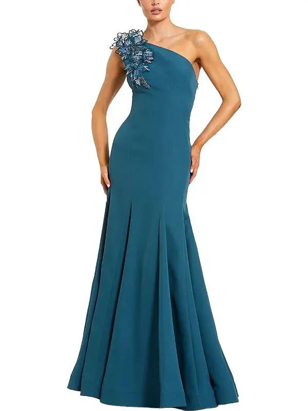 Mac Duggal Crepe One Shoulder Gown With 3d Flower Detail - Ocean Blue