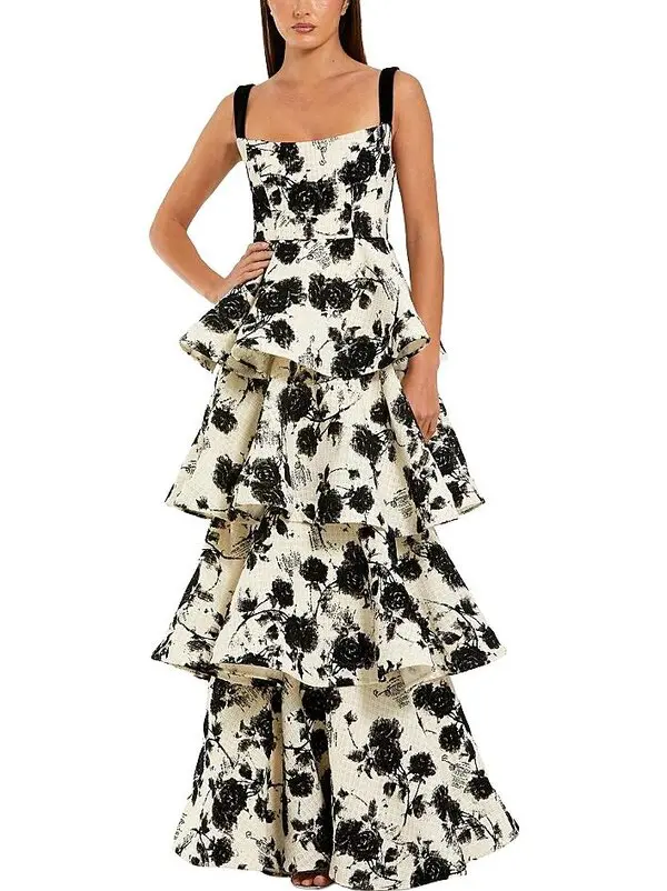 Mac Duggal Floral Boucle Tiered Ruffle Gown - Black Ivory