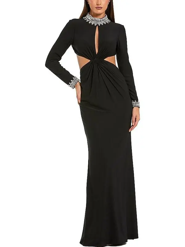 Mac Duggal Embellished Jersey Long Sleeve Cut Out Evening Gown - Black