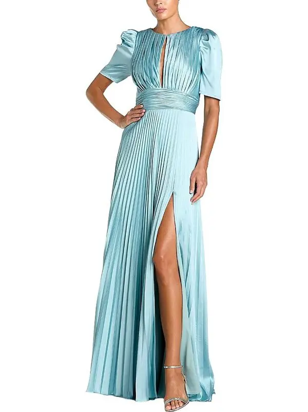 Mac Duggal Pleated Charmeuse Evening Gown With Slit - French Blue