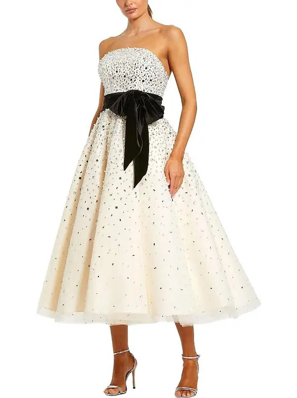 Mac Duggal Strapless Embellished Tulle A-line Midi Dress With Bow - Black Cream
