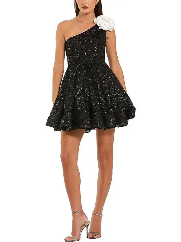 Mac Duggal One-shoulder Sequin Mini Dress With 3d Flower - Black And Ivory