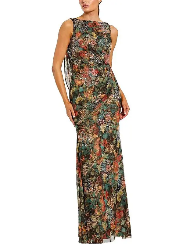 Mac Duggal Printed Mesh Cowl Back Column Gown - Charcoal Multi