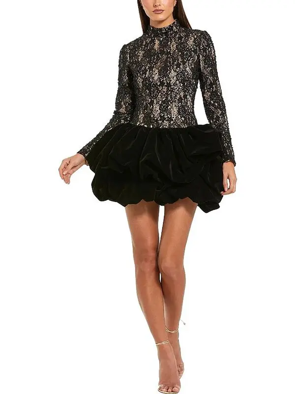 Mac Duggal Long Sleeve Lace And Velvet Mini Dress - Black