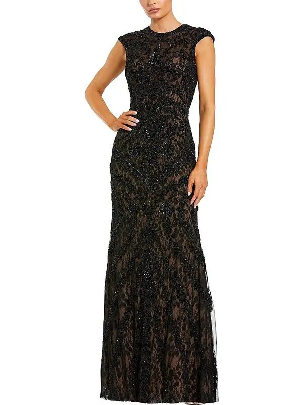 Mac Duggal Beaded High Neck Lace Mesh Column Gown - Black Nude