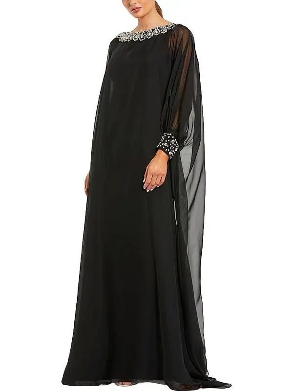 Mac Duggal Chiffon Long Sleeve Beaded Kaftan Gown - Black