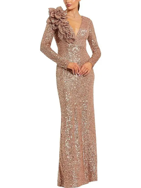 Mac Duggal V-neck Long Sleeve 3d Floral Sequin Gown - Copper