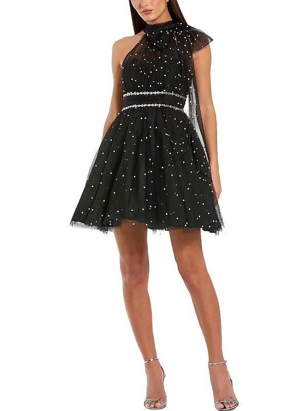 Mac Duggal Embellished Tulle Tie Neck Mini Dress - Black Ivory