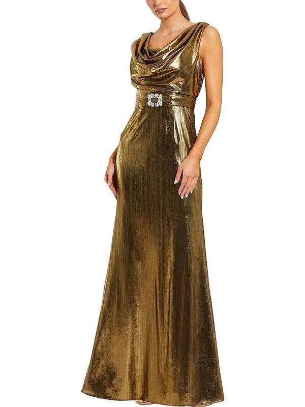 Mac Duggal Metallic Cowl Neck Gown With Belt - Antique Gold