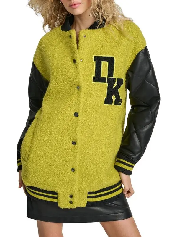 Dkny Logo Bouclé & Faux Leather Varsity Jacket - Citronella
