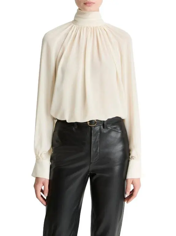 Vince Draped Ruffle Mock Neck Crepe Top - Cream