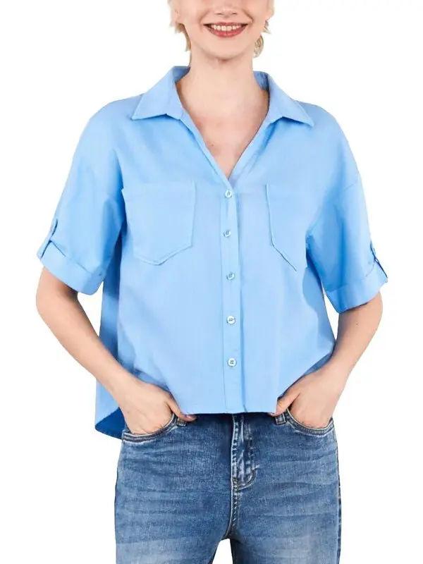 HINT OF BLU Emma Boxy Roll Tab Shirt - Fresh Blue