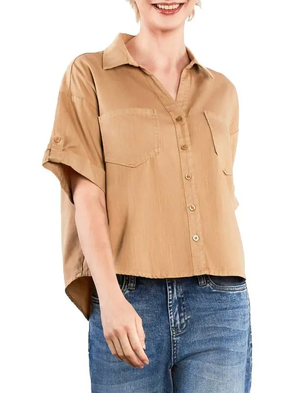 HINT OF BLU Emma Boxy Roll Tab Shirt - Toffee