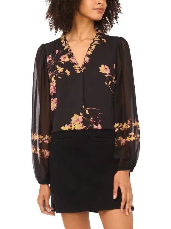 Vince Camuto Floral Long Sleeve Top - Rich Black