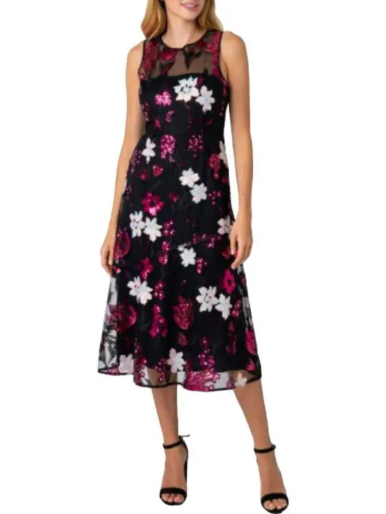 Sam Edelman Floral Sequin Strapless Midi Dress - Pink/black