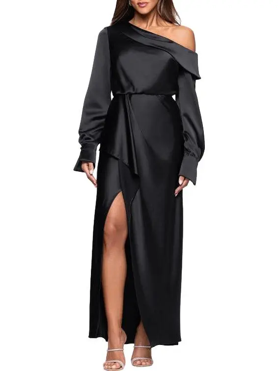 XSCAPE EVENINGS Satin Off-the-shoulder Gown - Black
