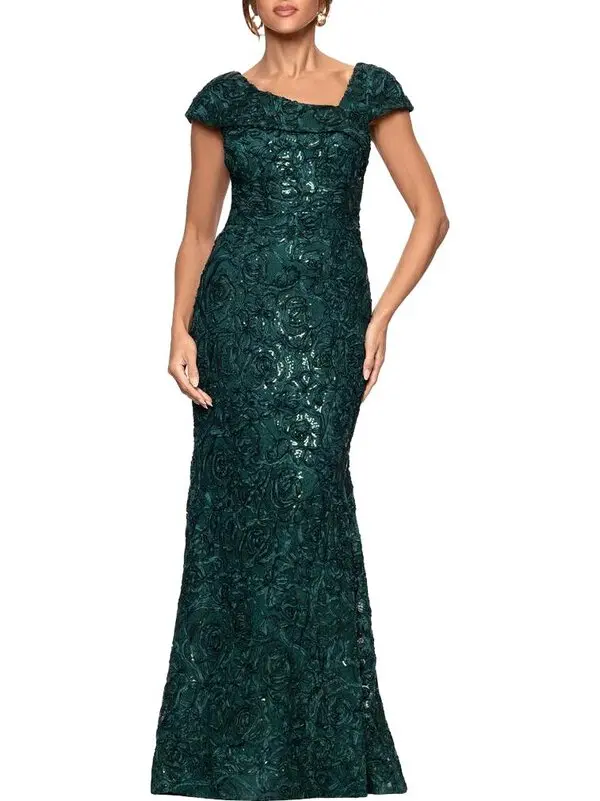 XSCAPE EVENINGS Asymmetric Neck Sequin Floral Mermaid Gown - Hunter